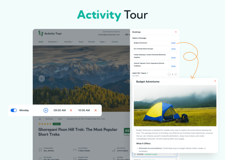 Activity Tour Addon For Your Single Day Tour Website