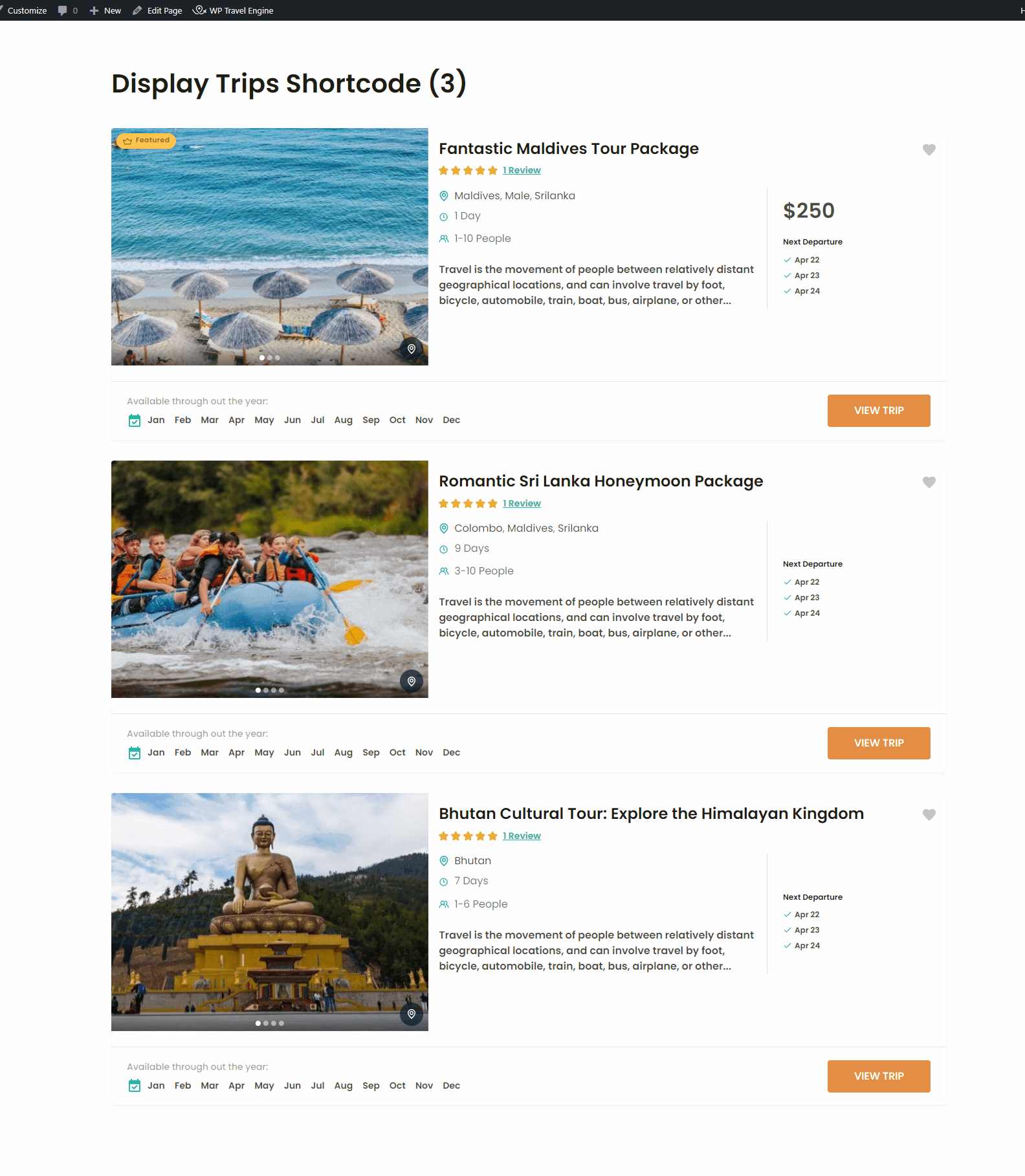 WP Travel Engine Shortcodes - WP Travel Engine